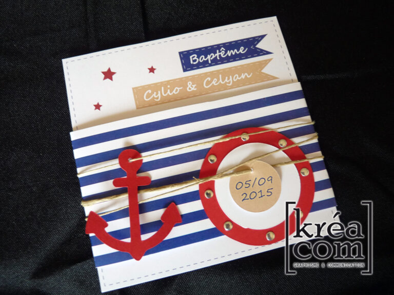 faire-part baptême marin cylio celyan mer bleu rouge - NON! maman